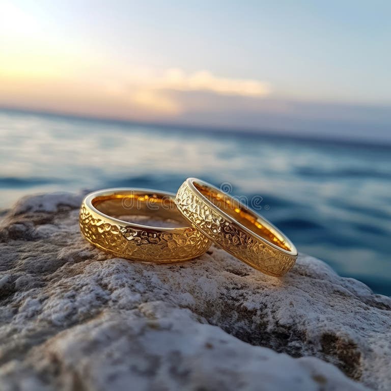 Two Gold Rings Symbolizing Commitment on a White Rock Near the Tranquil ...