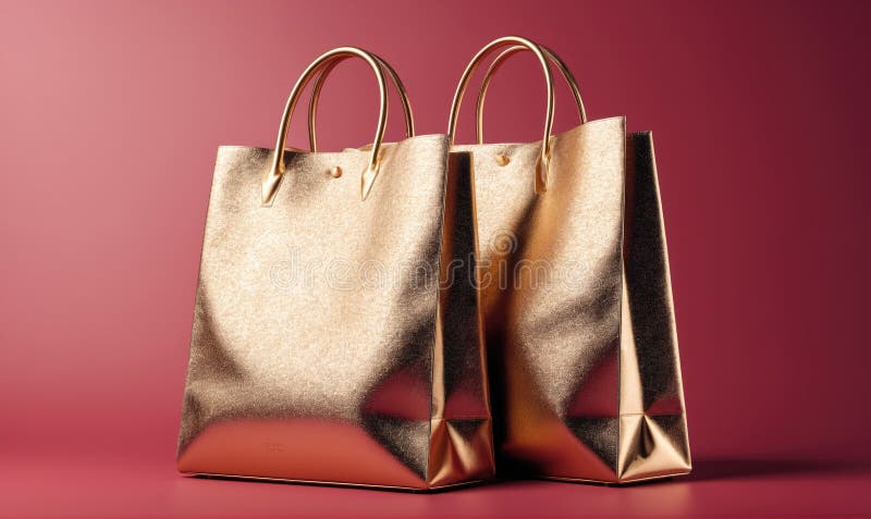 Two Gold Shopping Bags Sit on a Red Surface Stock Image - Image of ...