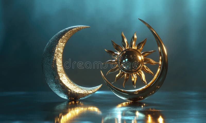 Two Gold and Silver Crescent Moons and Sun are Reflected in the Water ...