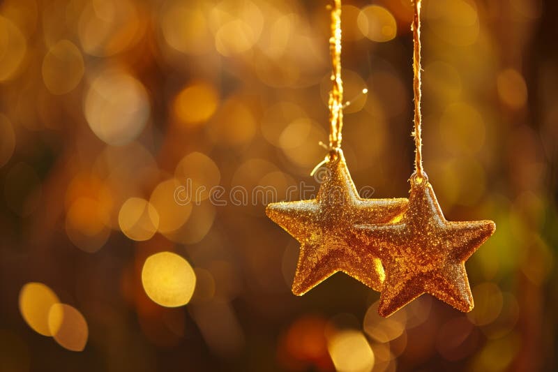Two Gold Stars Hanging from a String, with a Blurry Background Stock ...