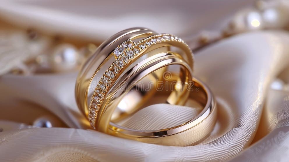 Two Gold Wedding Bands with Diamonds Set on a Luxurious Silk Fabric ...