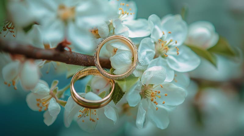Two Gold Wedding Rings on Blossoming Tree Branch Stock Image - Image of ...