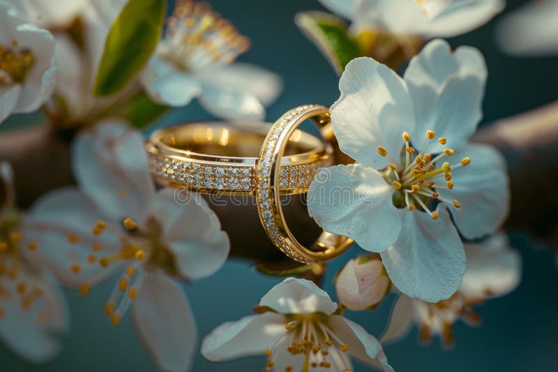 Two Gold Wedding Rings on Blossoming Tree Branch Stock Photo - Image of ...