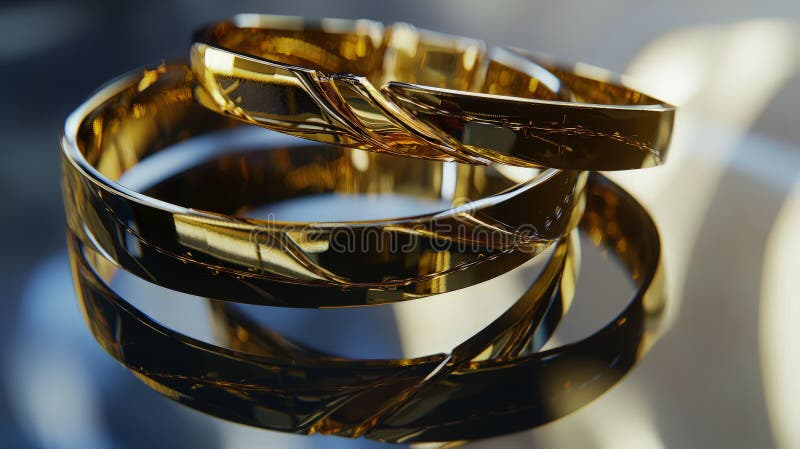 Two Gold Wedding Rings Intertwined, Reflecting on a Dark Surface Stock ...