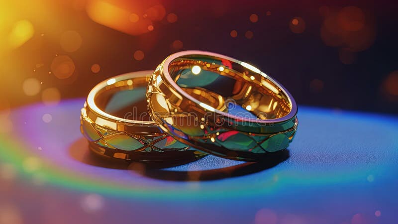 Two Gold Wedding Rings with Rainbow Light Shiny Background. Generative ...