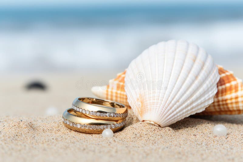 Two Gold Wedding Rings Nestled in a White Seashell on a Sandy Beach ...