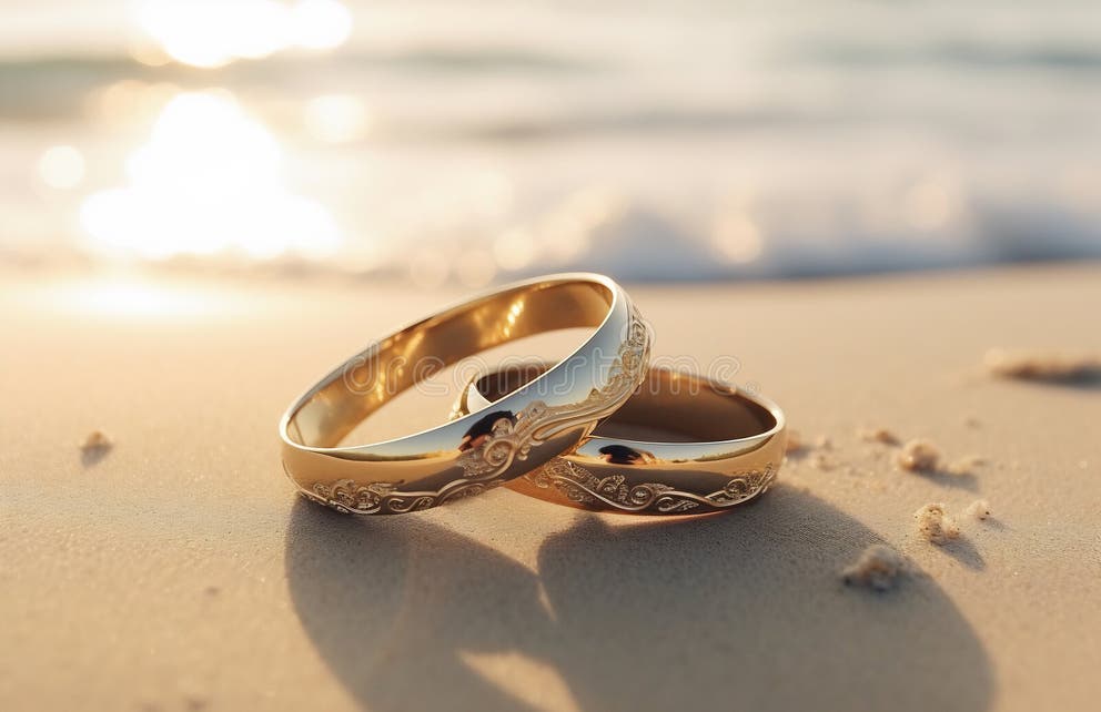 Two Gold Wedding Rings on Sandy Beach Stock Photo - Image of ceremony ...