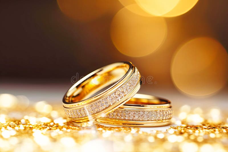Two Gold Wedding Rings with Sparkling Lights in the Background Stock ...