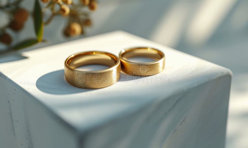 Two Gold Wedding Rings on a White Cube Stock Image - Image of romantic ...