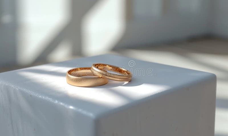 Two Gold Wedding Rings on a White Cube Stock Photo - Image of bride ...