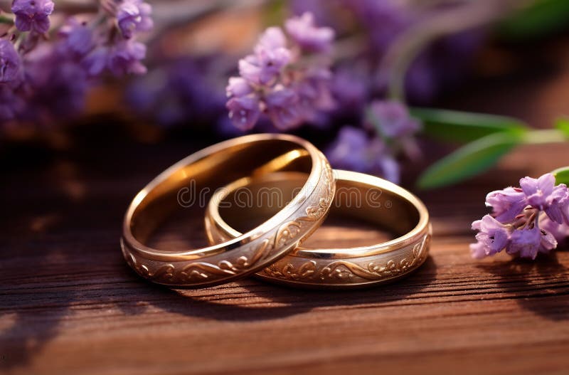 Two Gold Wedding Rings on Wooden Table Stock Photo - Image of ...