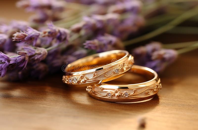 Two Gold Wedding Rings on Wooden Table Stock Image - Image of ceremony ...