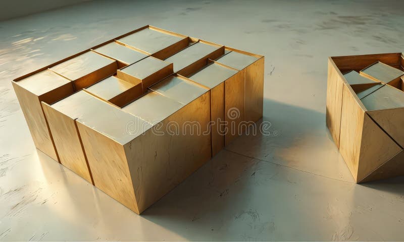 Two Golden Cubes, One Larger and One Smaller, are Arranged in Geometric ...