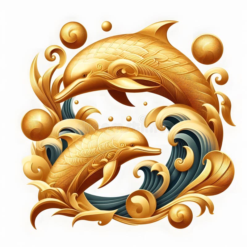 Two Golden Dolphins Amidst the Embellished Waves Stock Illustration ...