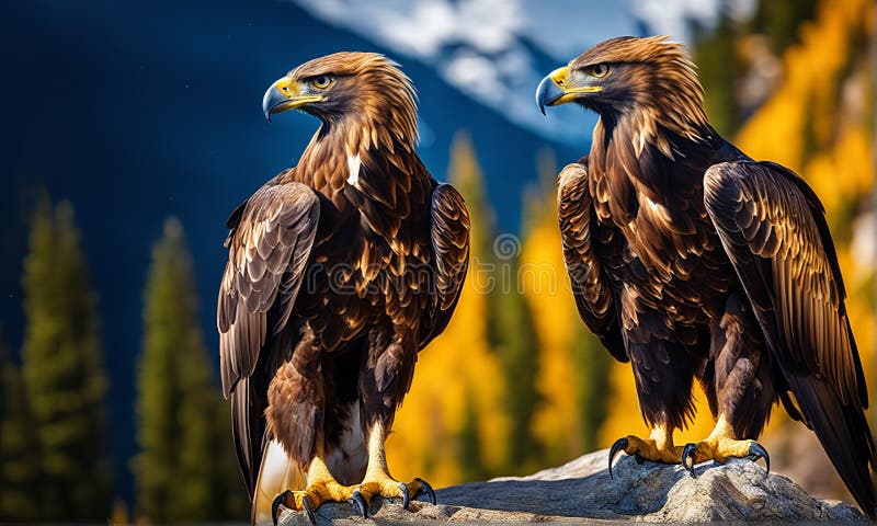 Two Golden Eagles Perched Regally on the Cliff Edge Stock Image - Image of blue, generated ...