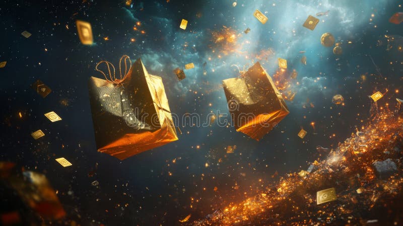 Two Golden Gift Boxes Falling through Sparkling Dust and Smoke Stock ...