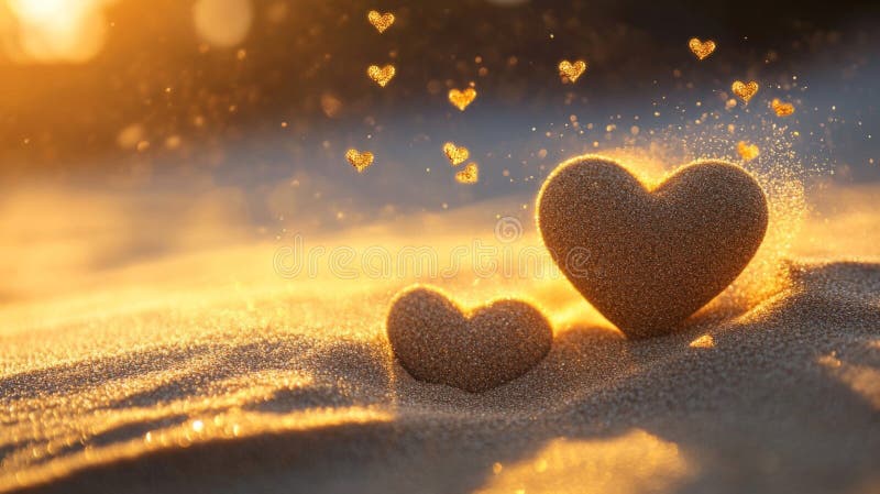 Two Golden Hearts on a Glittering Sand Surface with a Golden Sunset ...
