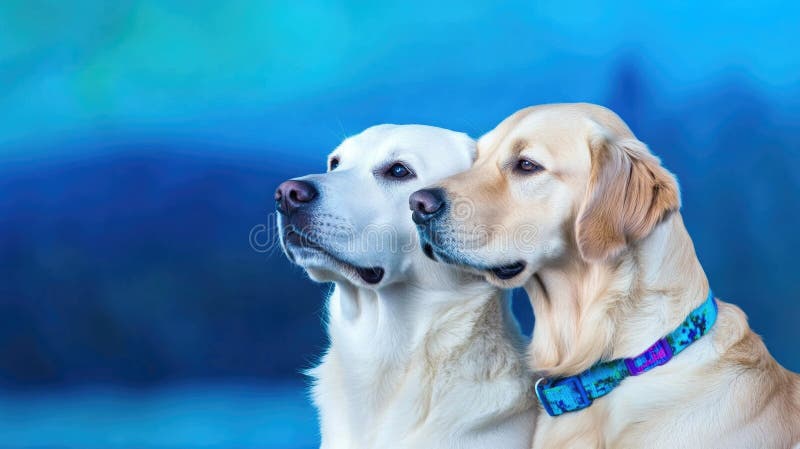 Two Golden Labradors Posing Together Against a Blue Background Stock ...