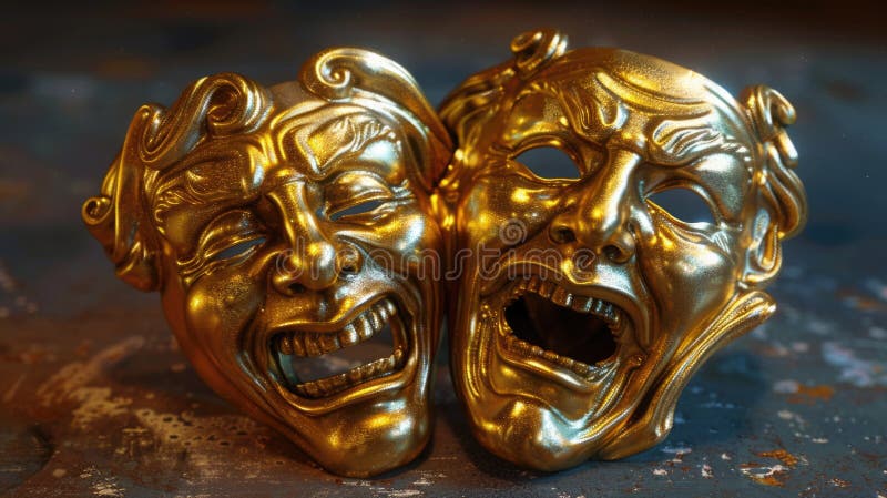 Two Golden Masks Displayed on a Table, Suitable for Cultural and ...
