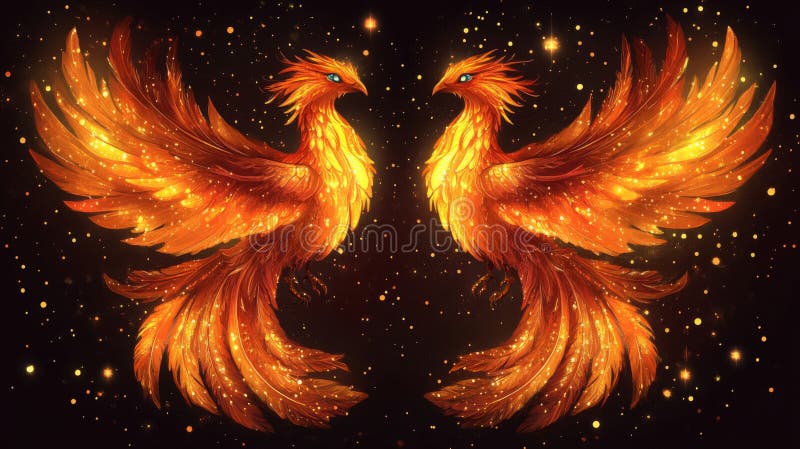 Two Golden Phoenix Birds in a Night Sky Stock Illustration ...