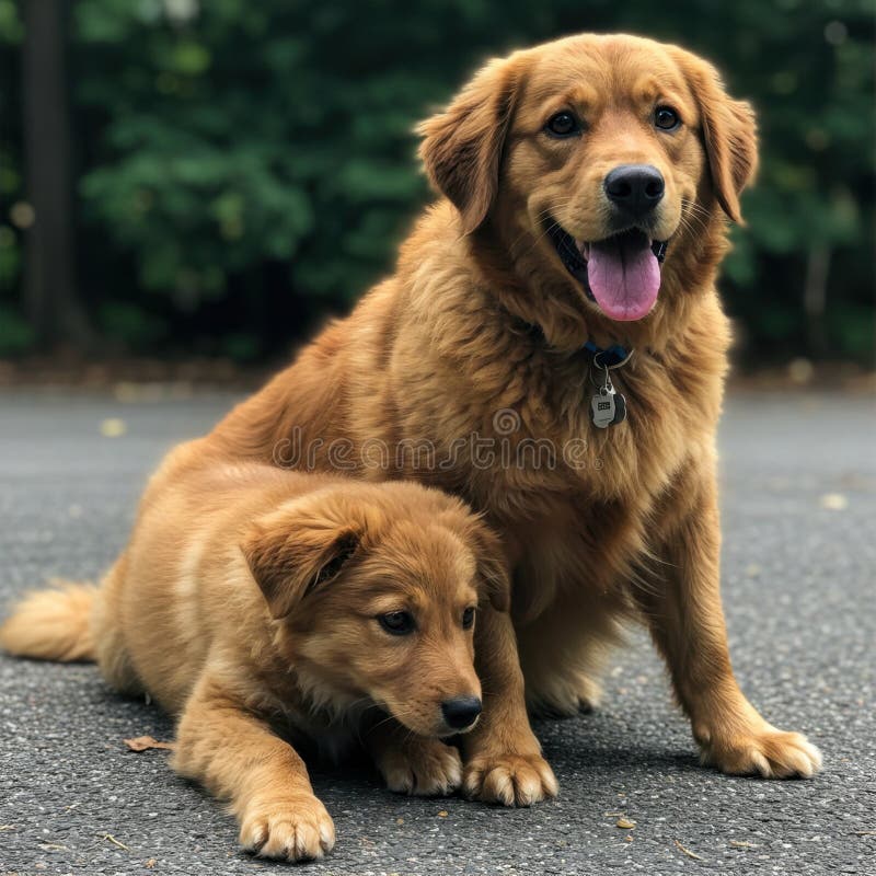 Two Golden Retriever Dogs Sitting Together Outdoors Stock Illustration ...