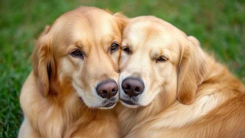 Two Golden Retrievers are Laying Together on the Grass, AI Stock Photo ...