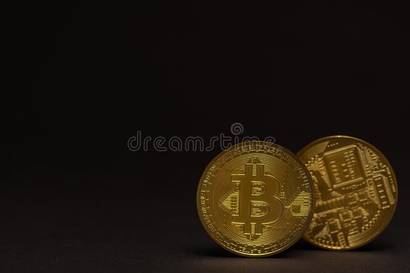 Two Golden Shiny Valuable Bitcoin with Front and Back Side with Black ...