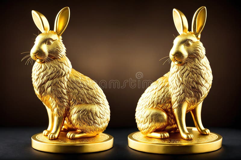 Two Golden Statues of Rabbits Sitting on a Grey Background. Stock Image ...