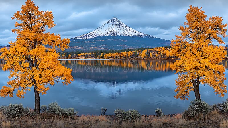 Two Golden Trees Frame a Calm Lake with Mountain Backdrop Stock ...