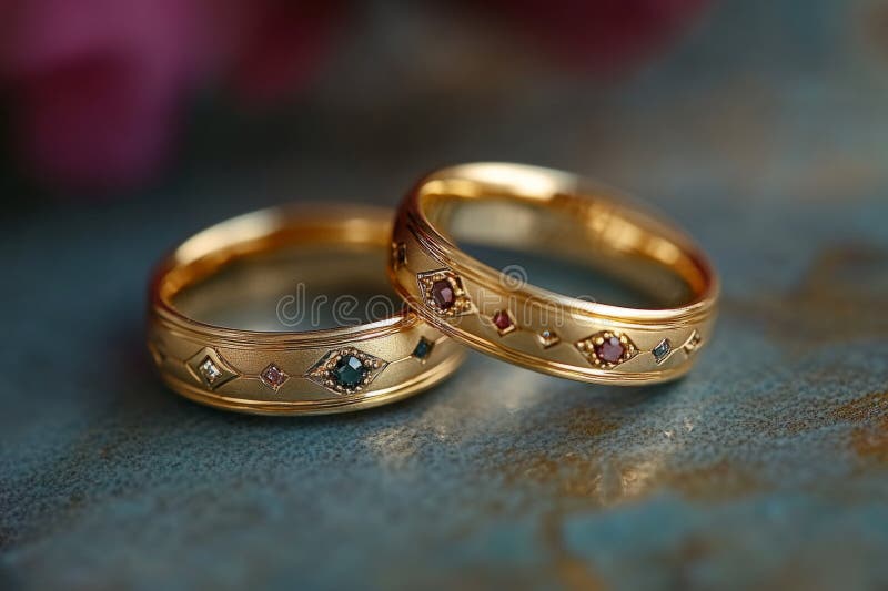 Two Golden Wedding Rings Embellished with Precious Stones are Lying on ...