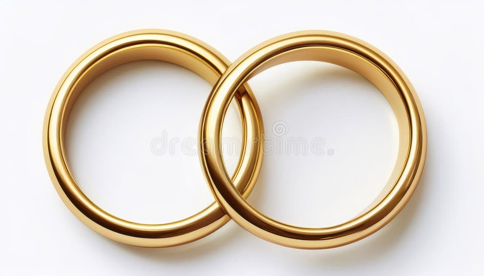 Two Golden Wedding Rings Intertwined on a White Background ...