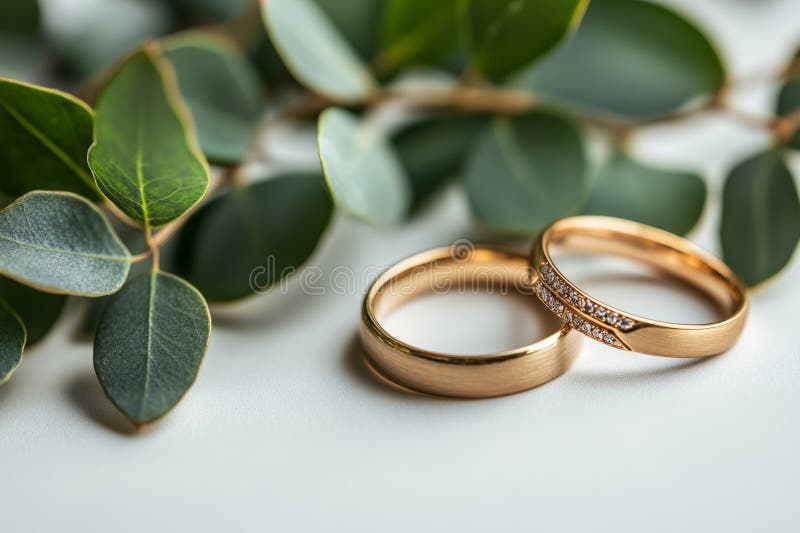 Two Golden Wedding Rings Lying Near Eucalyptus Leaves Stock Image ...