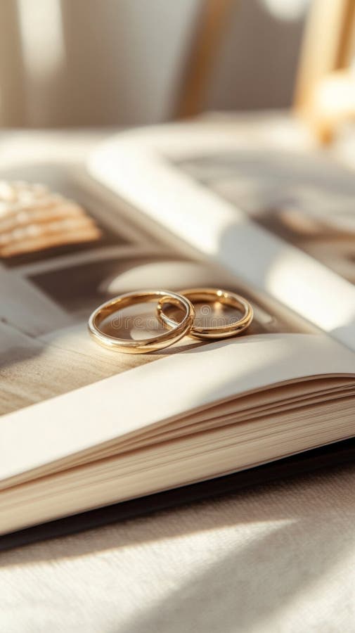 Golden Wedding Rings on Open Book with Sunlit Background Stock Image ...