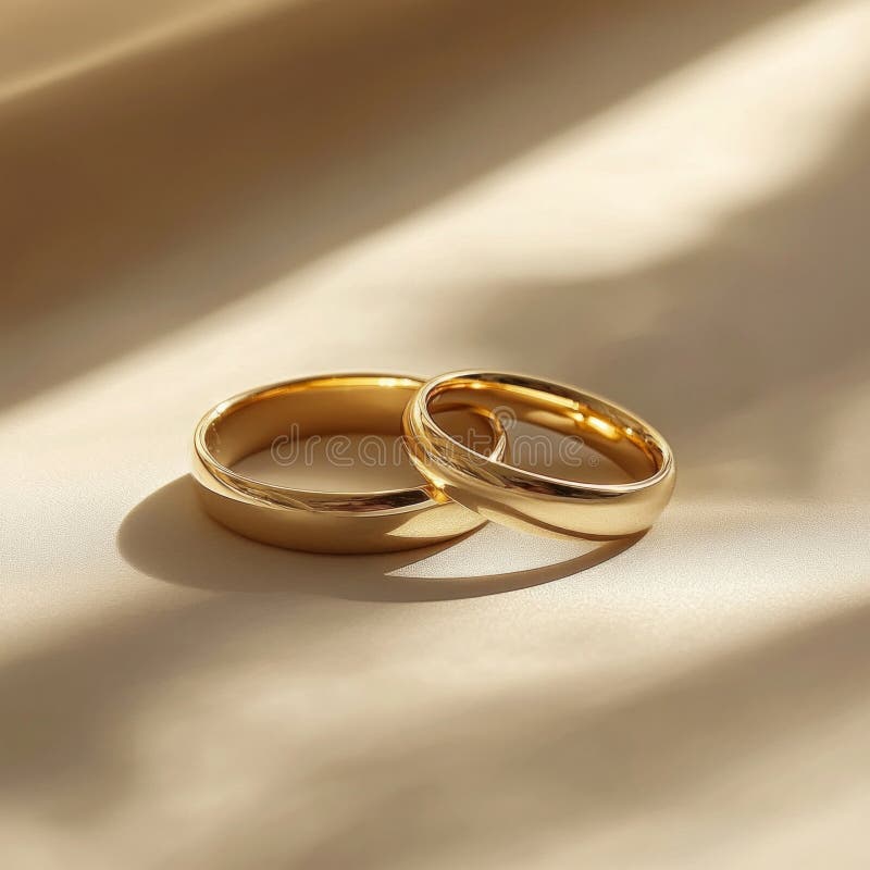 Golden Wedding Rings on Soft Surface with Warm Light Shadows Stock ...