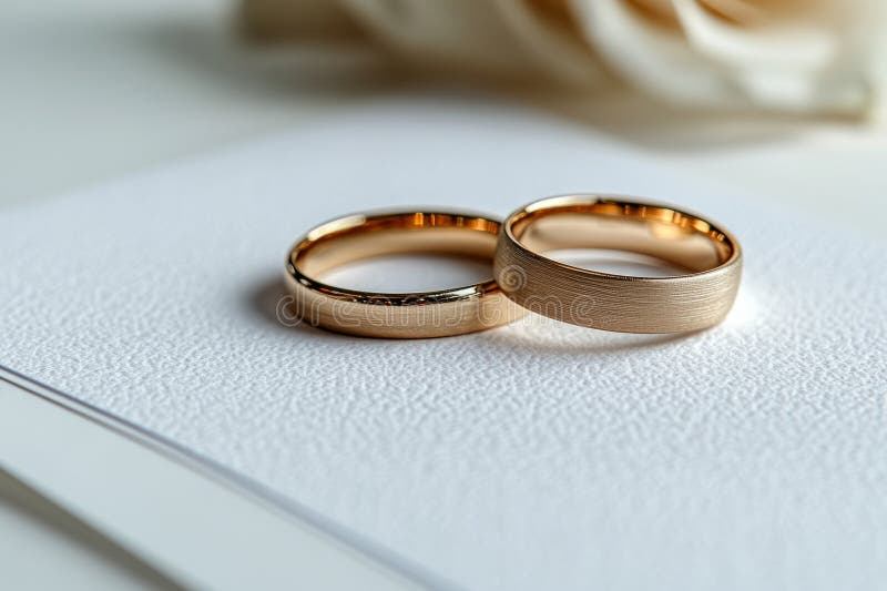 Two Golden Wedding Rings Resting on Blank Card on White Background ...