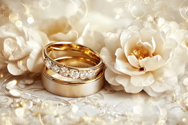 Two Golden Wedding Rings Resting on Reflective Surface with Delicate ...