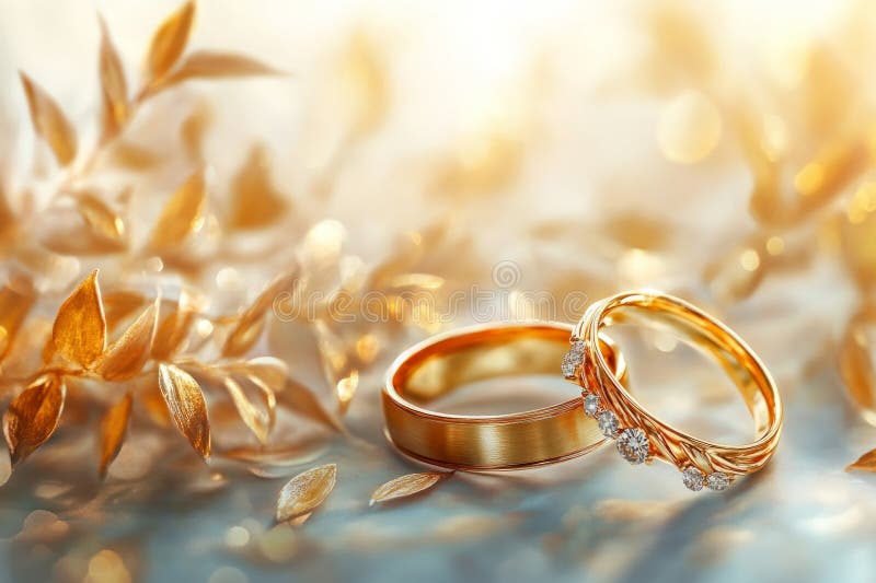 Two Golden Wedding Rings Resting on White Floral Surface with Spring ...