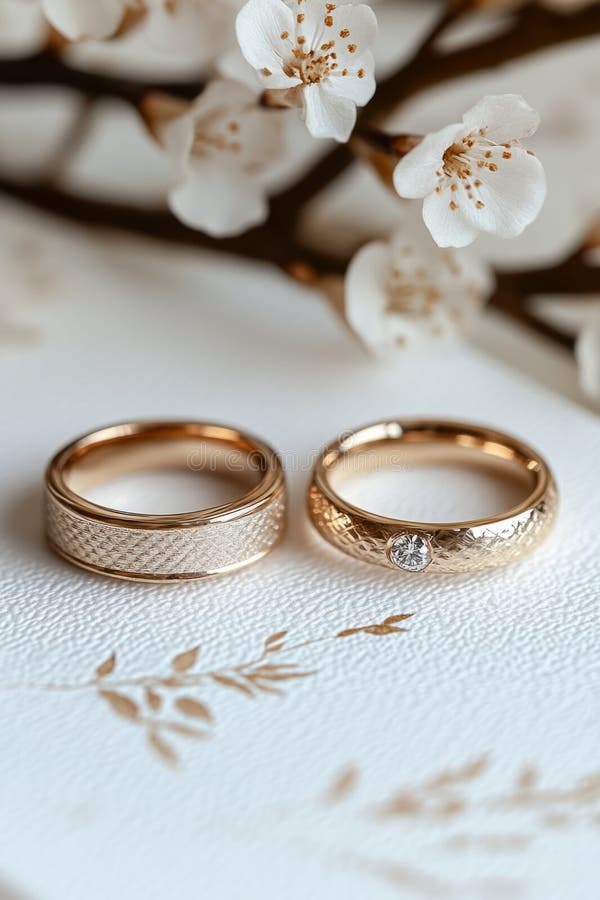 Two Golden Wedding Rings Resting on White Floral Surface with Spring ...