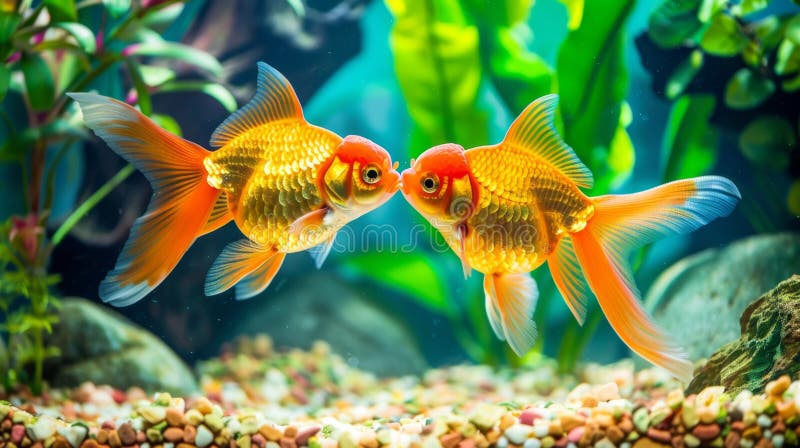 Two Goldfish Engaging in a Gentle Kiss in an Aquarium Stock ...