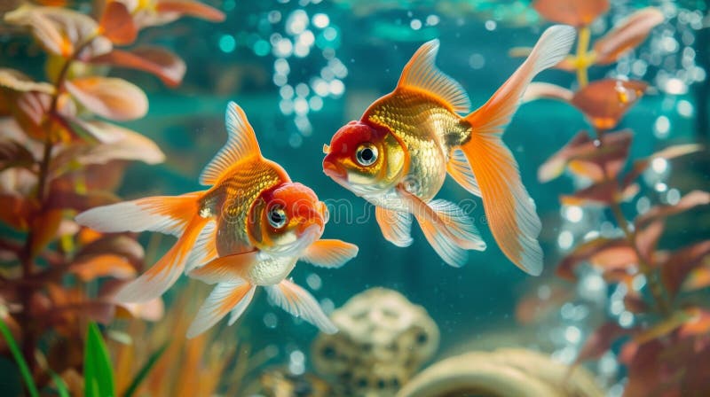Two Goldfish Engaging in a Gentle Kiss in an Aquarium Stock ...