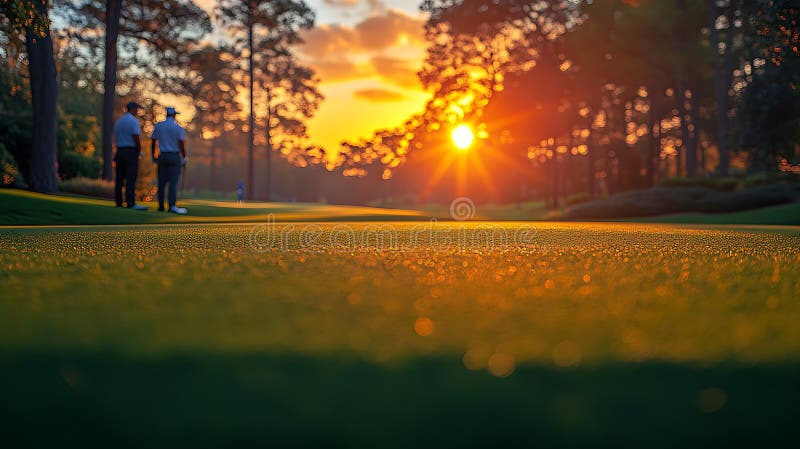 Golfers on Green Golf Course at Sunset with Trees Golf Scenery at ...