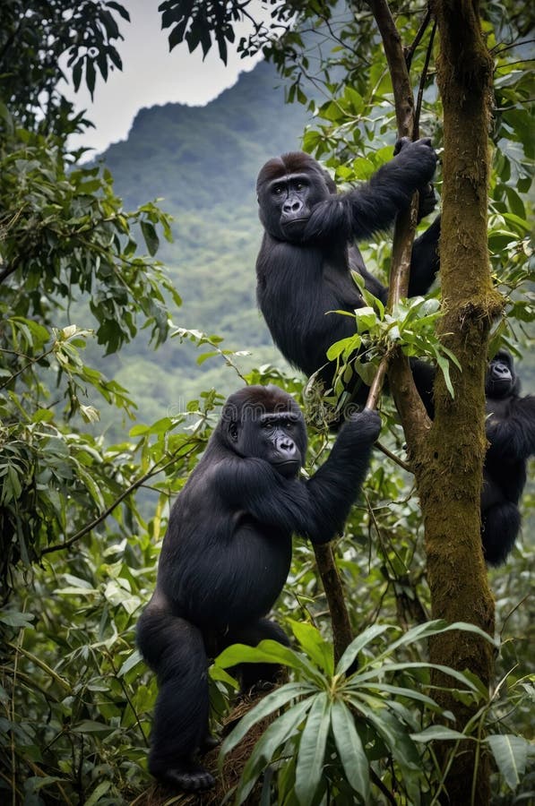Two Gorillas Climbing Trees in a Lush Forested Environment Stock ...