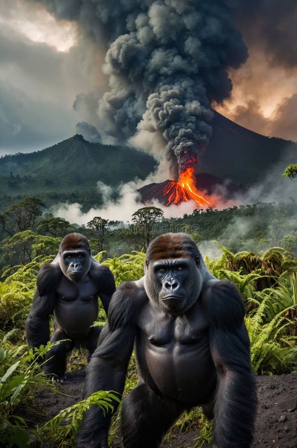 Two Powerful Gorillas Facing Erupting Volcano in Tropical Rainforest ...