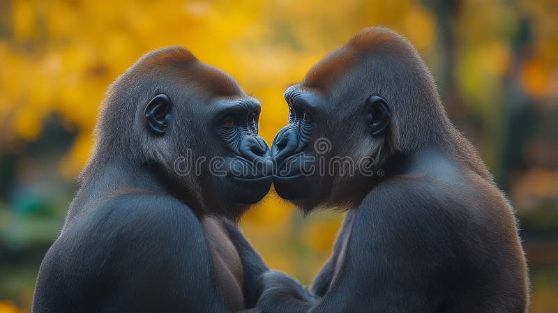 Two Gorillas Gently Touching Noses in Warm Autumn Light, Showing ...