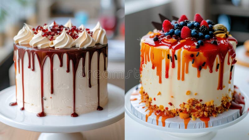 Two Gourmet Cakes with Chocolate, Berries, and Cream Toppings Stock ...