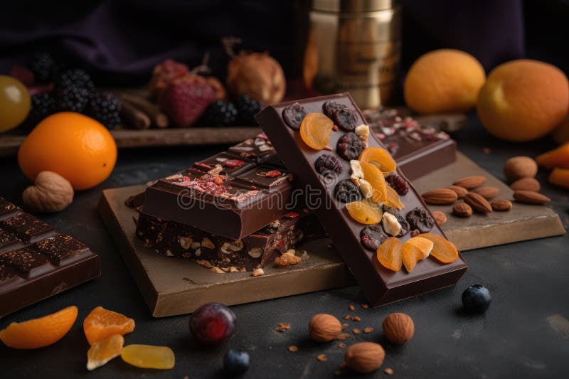 Two Gourmet Chocolate Bars, One Overflowing with Nuts and Fruits Stock ...