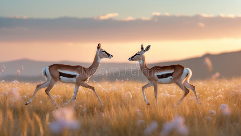 Golden Hour Springbok Pair in African Savanna Stock Illustration ...