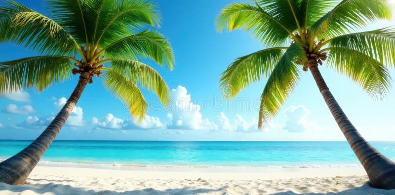 Two Graceful Palms Frame Empty Tropical Beach Scene , Peaceful, Blue ...