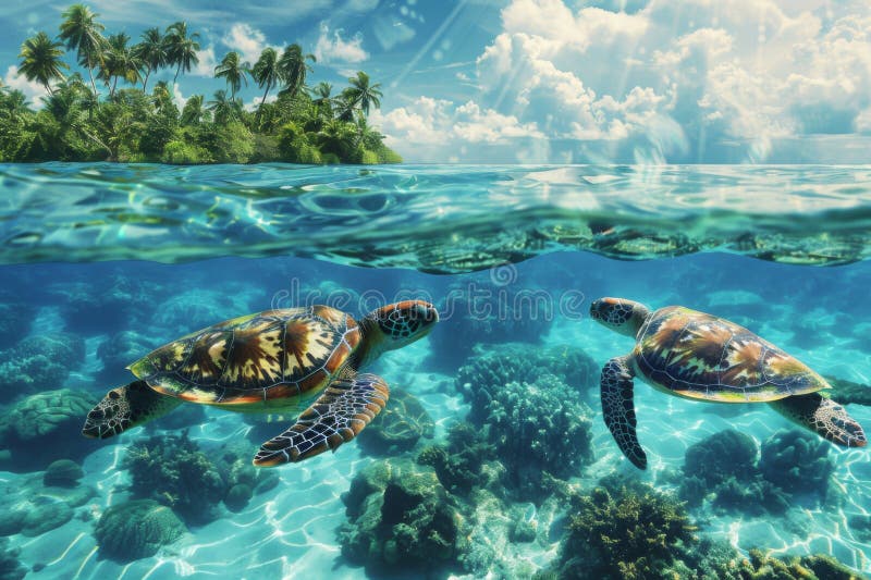 Two Graceful Sea Turtles Swim Near A Vibrant Coral Reef Illuminated By