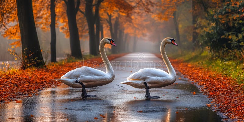 Two Graceful Swans Stroll Autumnal Path Scenic Fall Landscape Stock ...